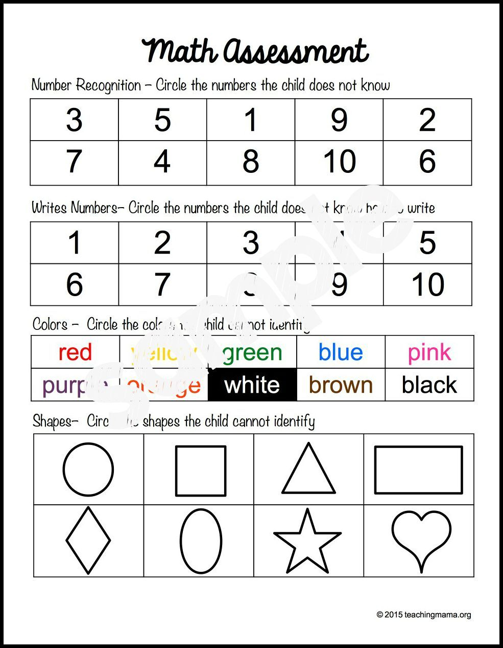 Moy Math Assessment pdf Classroom Teacher Stuff Kindergarten 