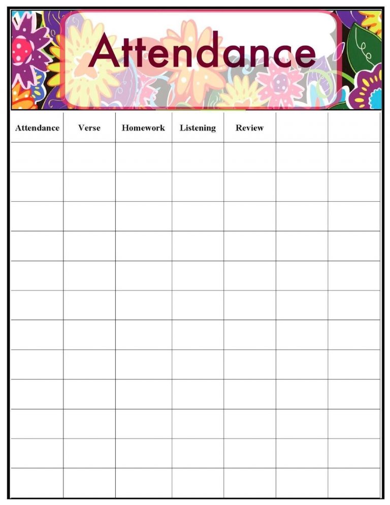Classroom Attendance Sheets Bunch Ideas Of Printable Free Chart - Free ...