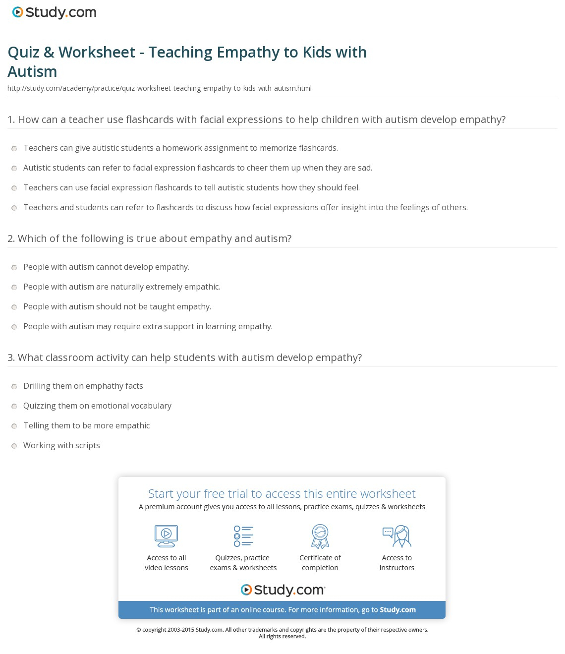 Quiz Worksheet Teaching Empathy To Kids With Autism Study Free